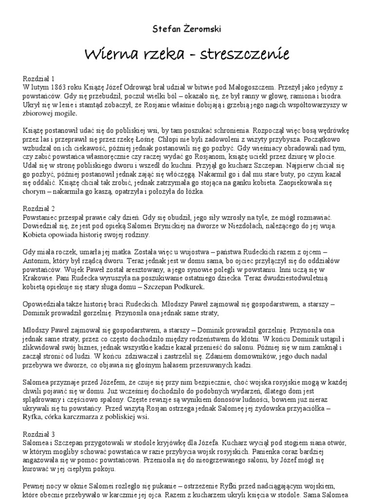 Stefan Żeromski - Wierna Rzeka - Streszczenie I Opracowanie | PDF