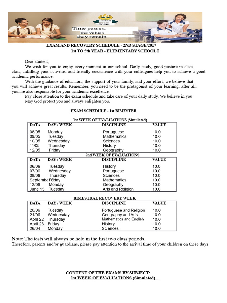 SCHEDULE OF EXAMS - 1st To 5th Grade 2nd Semester | PDF
