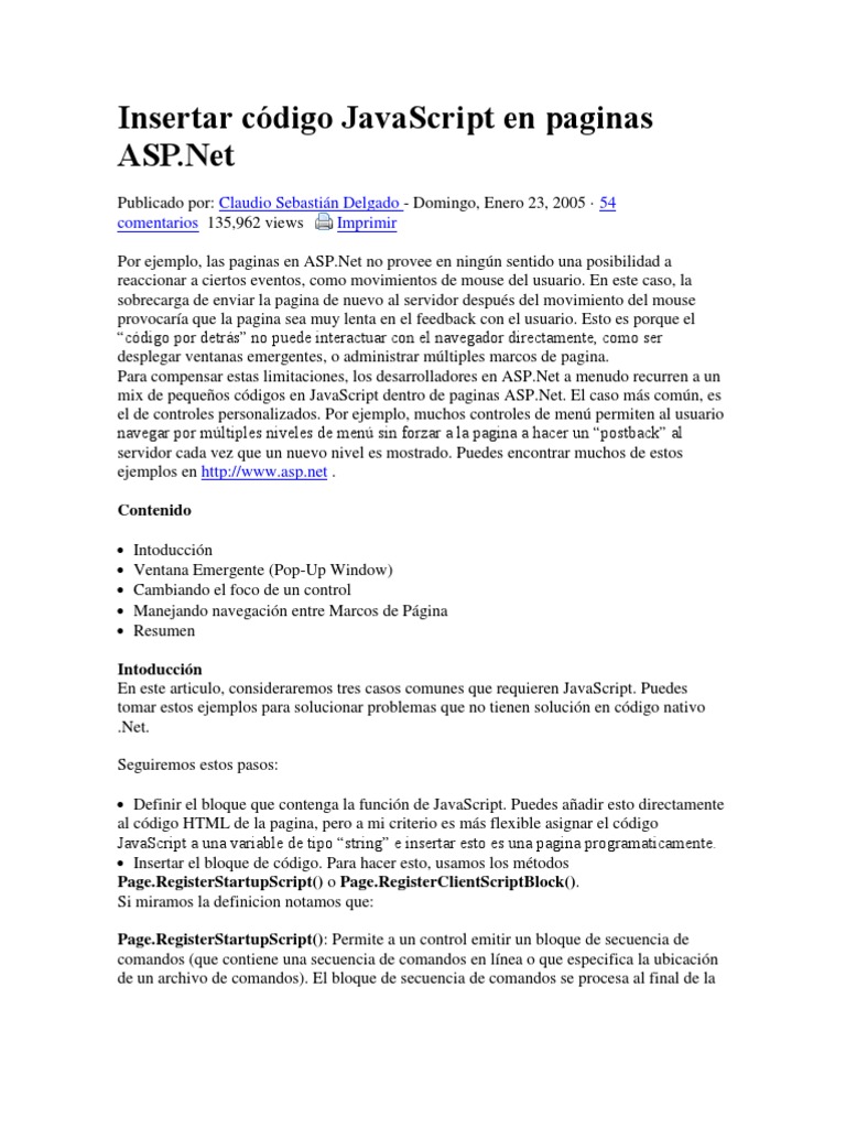 Insertar Código JavaScript en Paginas ASP | PDF | Script Java | Páginas del servidor activo