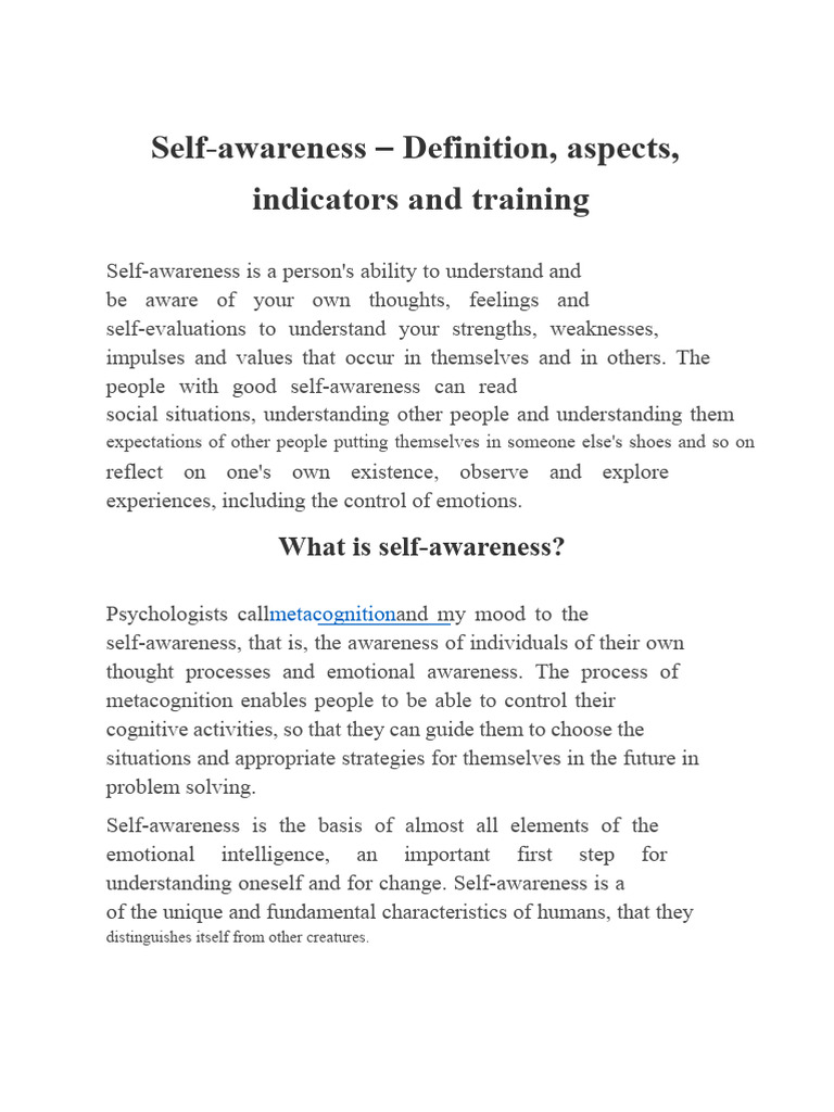 Self-Awareness Definition, Aspects, Indicators and Training | PDF | Self Awareness | Self Concept