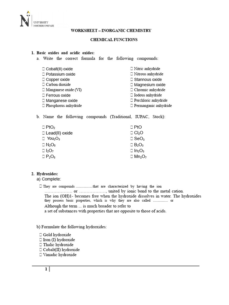 Worksheet - Oxides and Hydroxides | PDF | Hydroxide | Oxide
