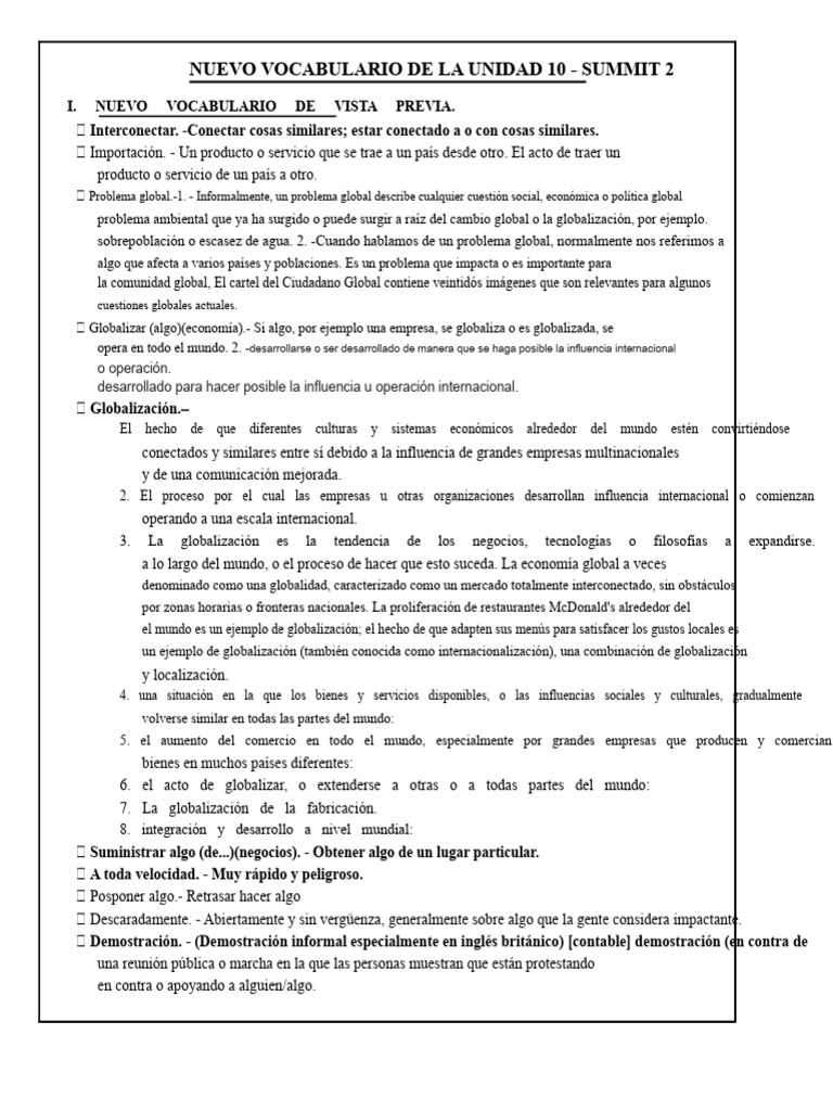 Nuevo Vocabulario de La Unidad 10 - Summit 2 | PDF | Globalización ...