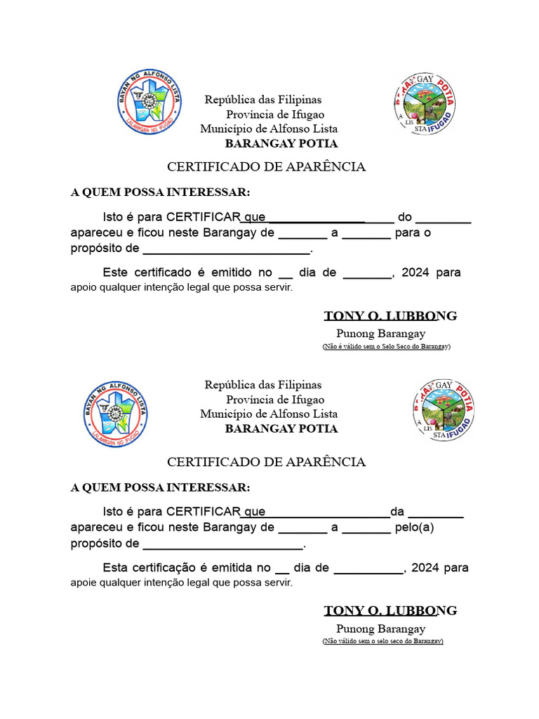 Certificado de Aparência - Barangay Potia | PDF
