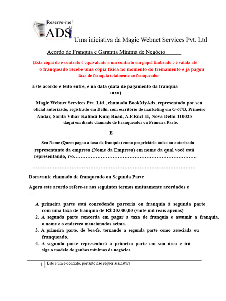 Acordo de Franquia da Magic Webnet | PDF | Franchising | Crédito