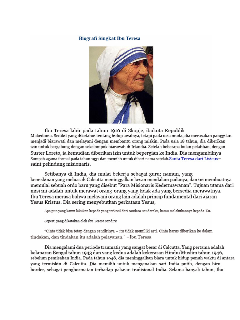 Biografi Singkat Ibu Teresa: Pelayanan Kasih | PDF