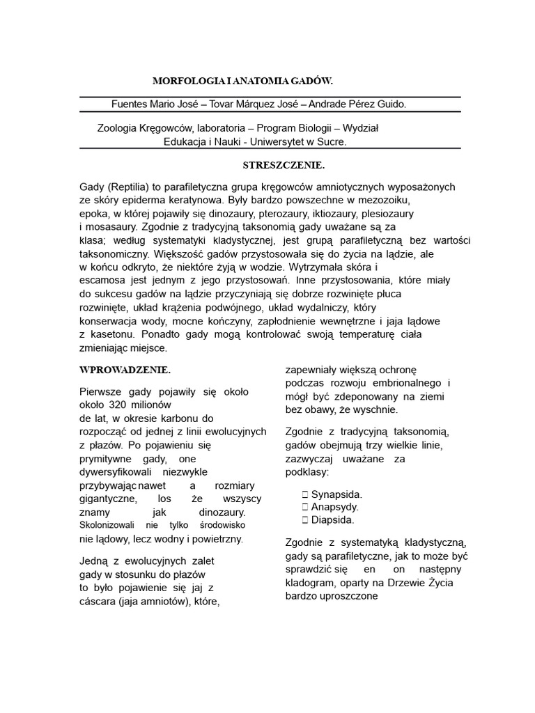 Morfologia I Anatomia Gadów | PDF