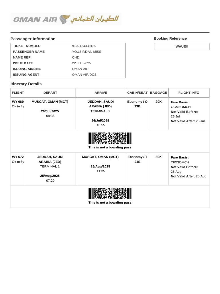 Electronic Ticket Receipt, July 26 For MISS DAN YOUSIF | PDF | Aviation ...