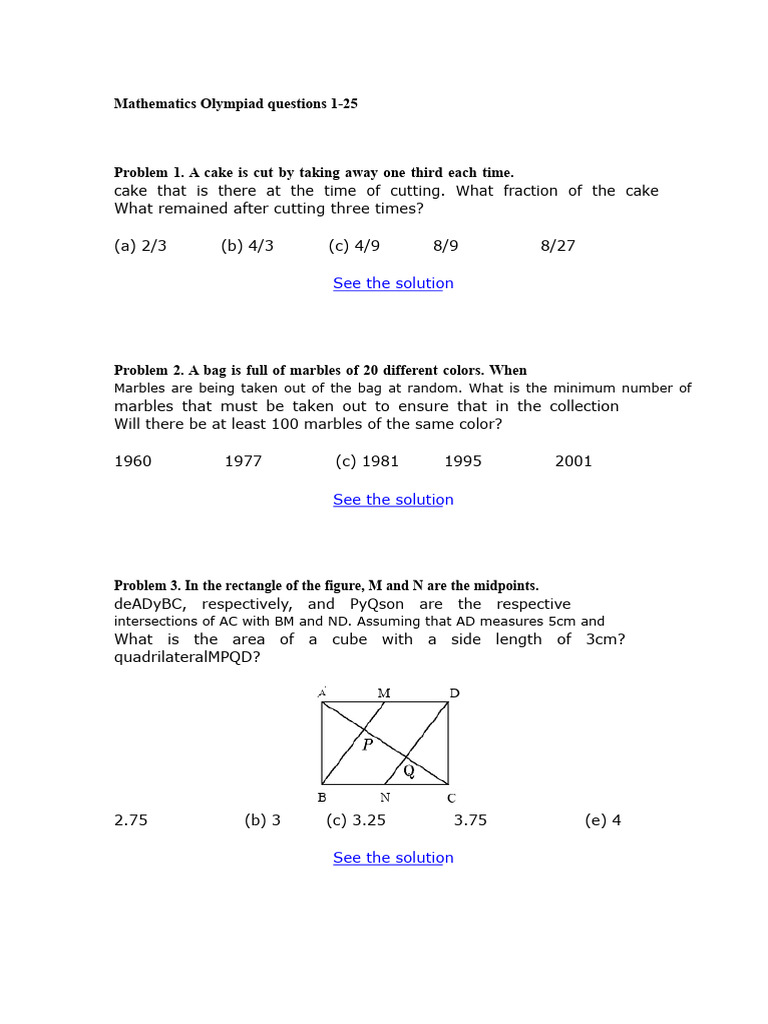 Mathematical Olympiad Questions 1-25 | PDF | Area | Circle