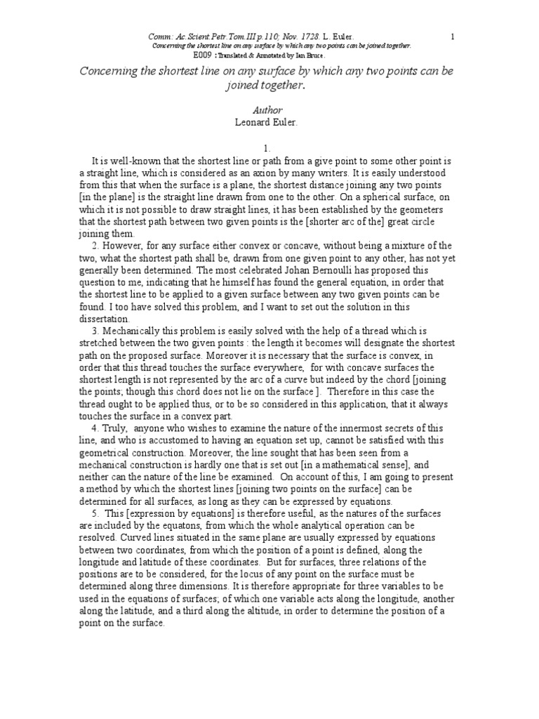 Euler - Concerning The Shortest Line On Any Surface | PDF | Line ...