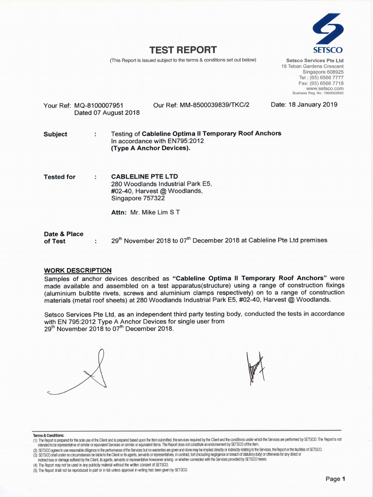 Cableline Optima LL Temporary Roof Anchors Test Report 10 Pages | PDF