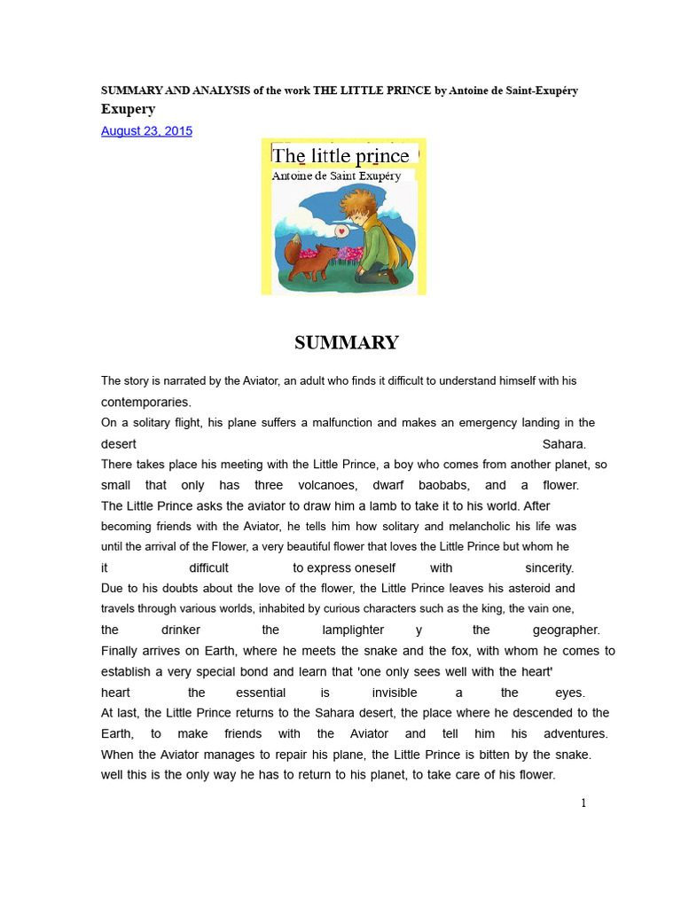 SUMMARY AND ANALYSIS of The Work THE LITTLE PRINCE by Antoine de Saint ...