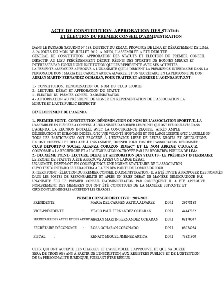 Constitution du Club Deportivo Alianza Corazón | PDF | Comptabilité ...