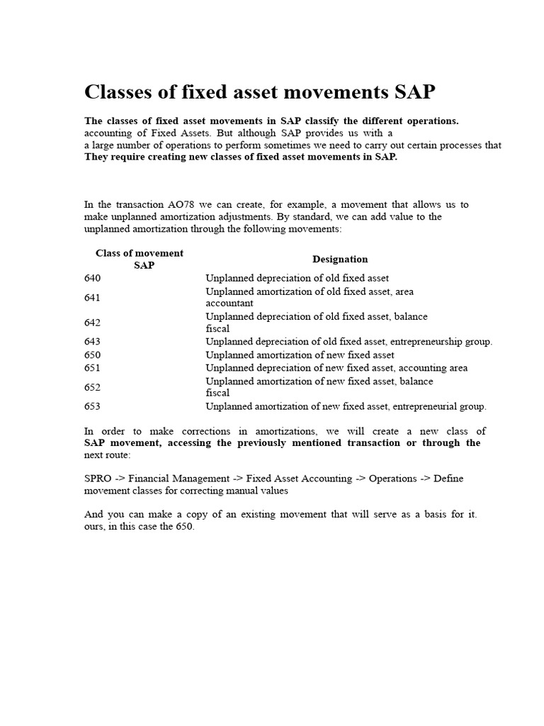 Classes of Fixed Asset Movements SAP | PDF