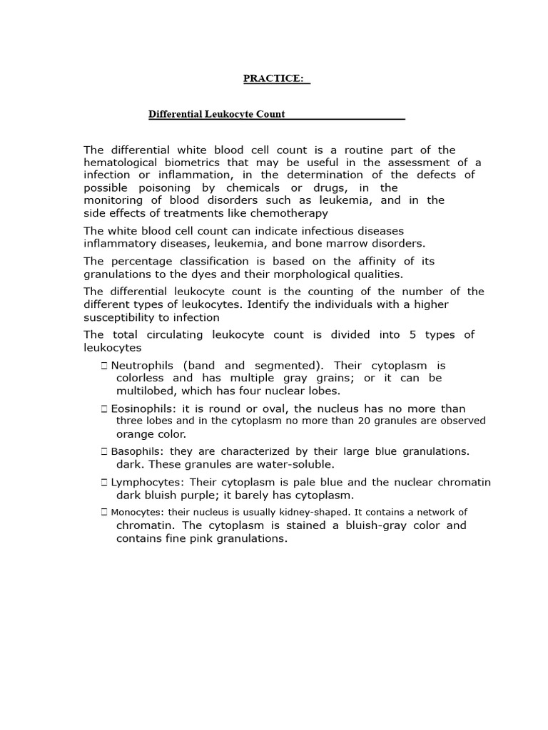 Differential White Blood Cell Count | PDF | White Blood Cell | Staining
