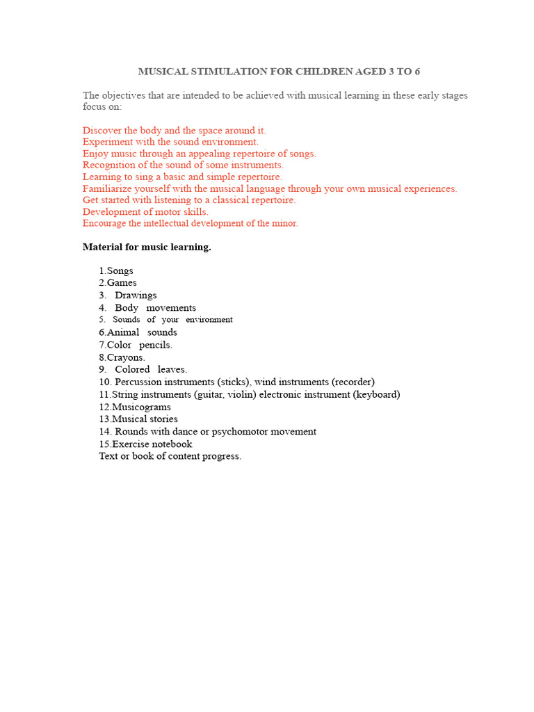 Musical Stimulation For Children Aged 3 To 6 Years | PDF