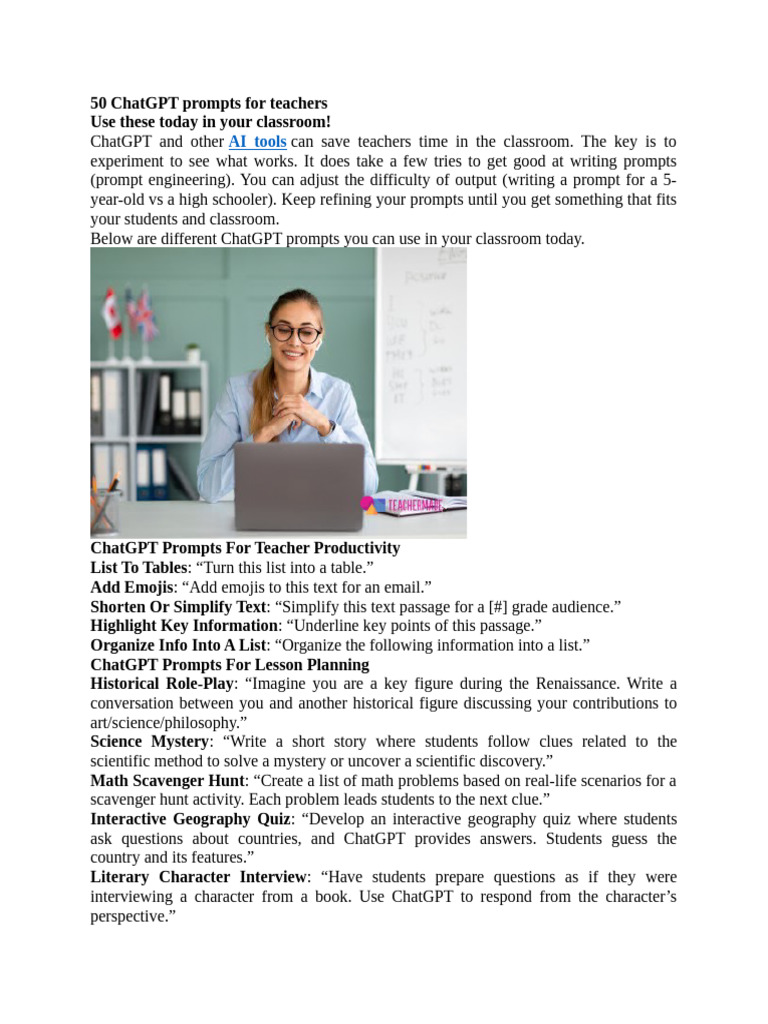 50 ChatGPT Prompts For Teachers | PDF | Lesson Plan | Teachers