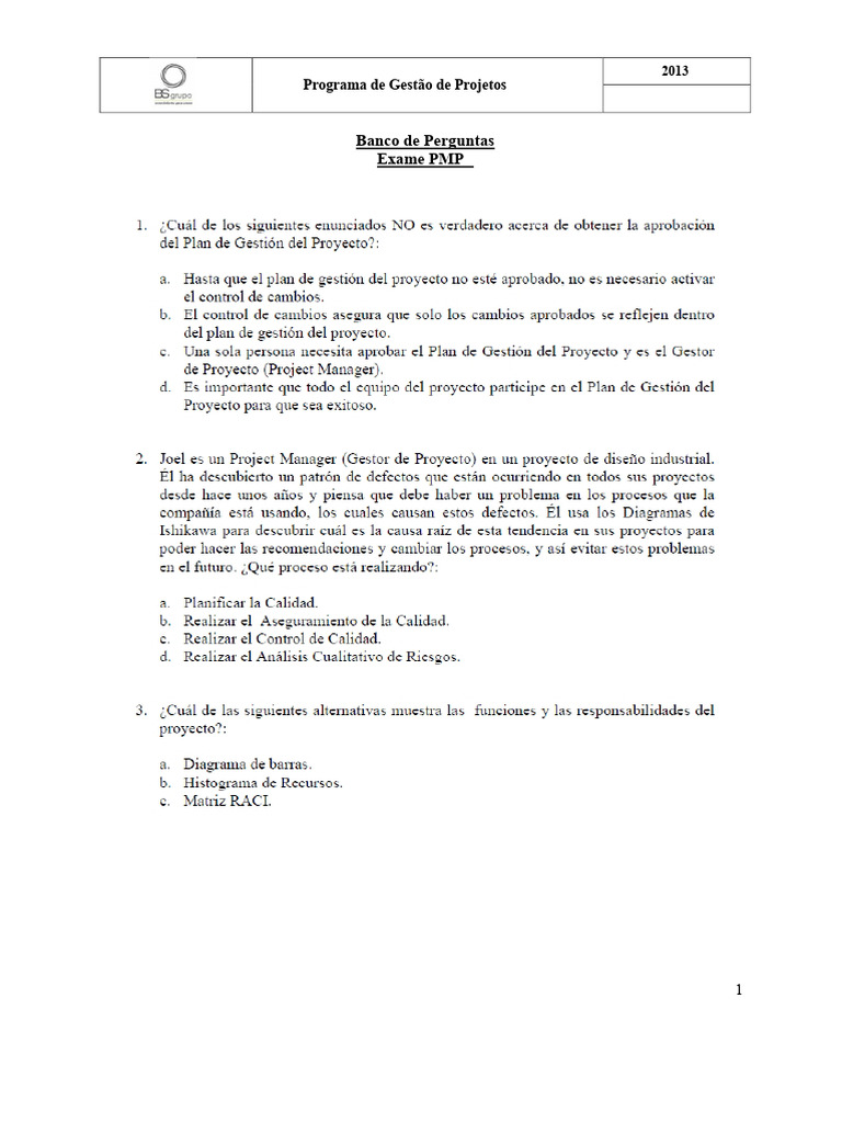 Banco de Perguntas Exame PMP 2013 | PDF