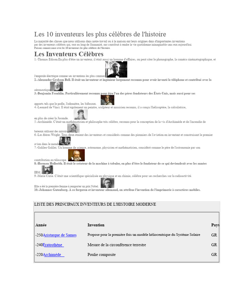 Les 10 inventeurs célèbres de l'histoire | PDF | Chlorofluorocarbure ...