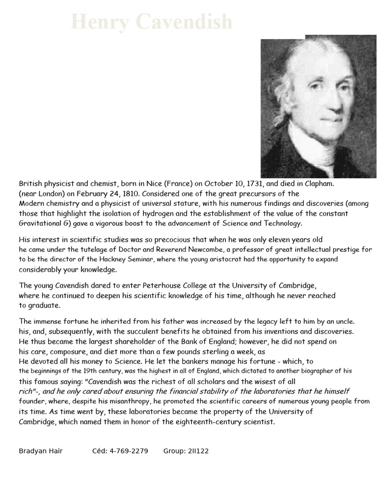 Biography of Henry Cavendish | PDF | Electricity | Physical Quantities