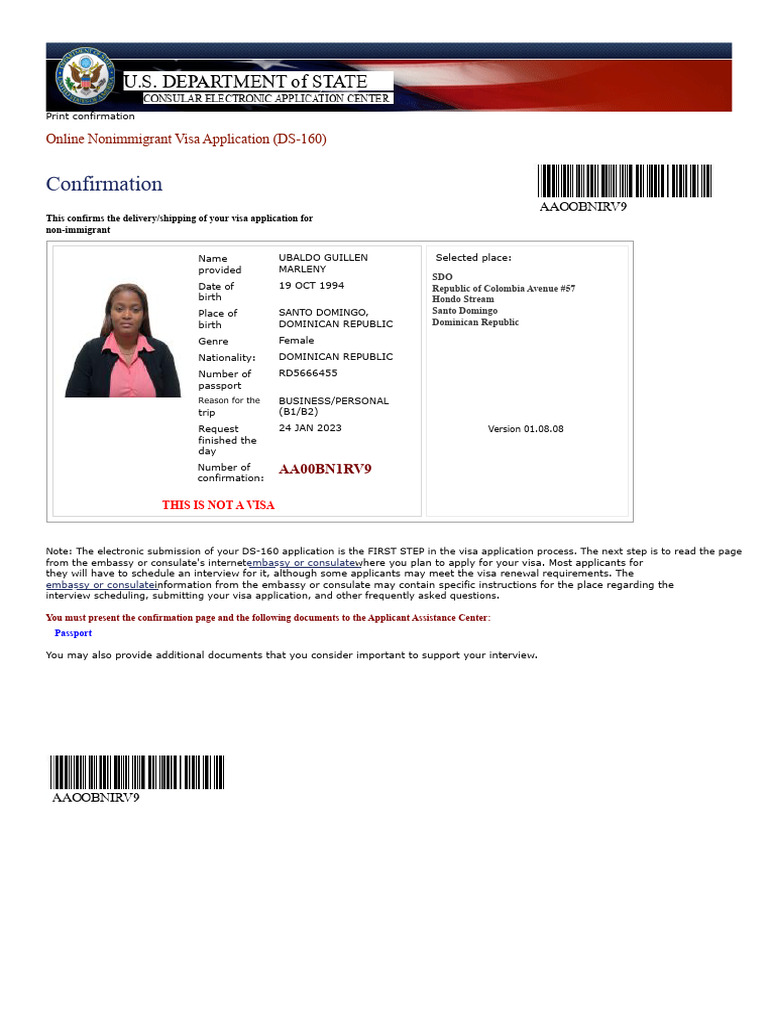 Visa Application Confirmation for Marleny Card | PDF | Travel Visa ...