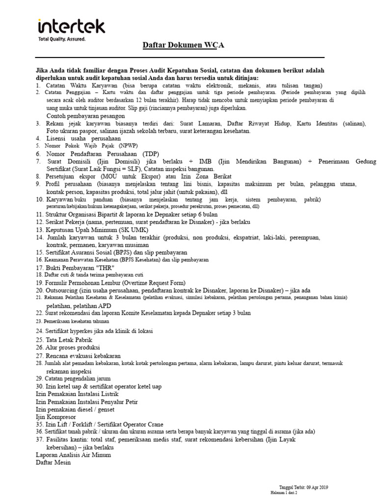 Daftar Dokumen WCA | PDF