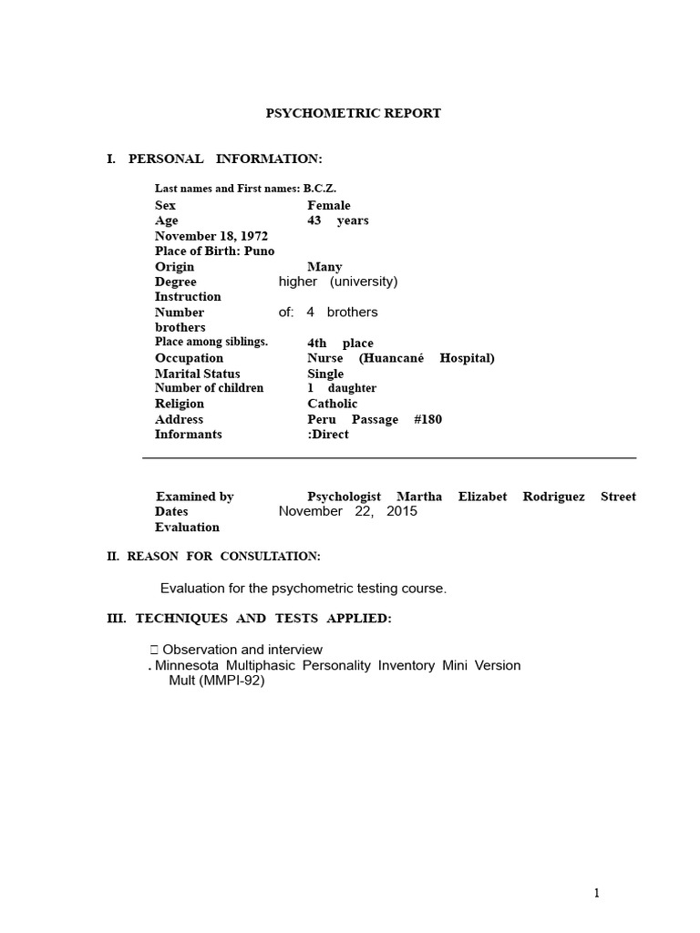 Psychometric Evaluation Report for B.C.Z. | PDF | Psychometrics ...