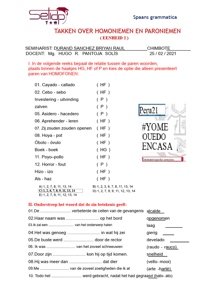Oefening Met Homoniemen en Paroniemen. | PDF