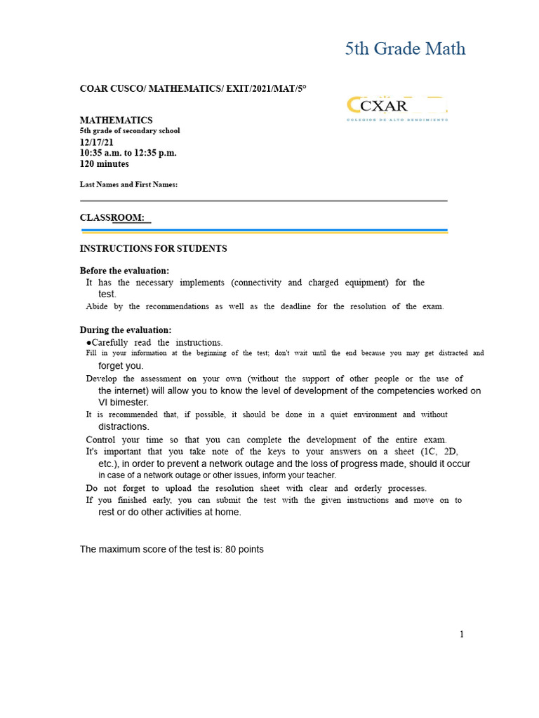 Final Exam 5TH | PDF | Mathematics