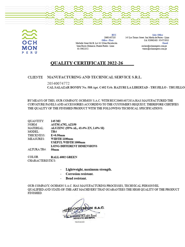 Quality Certificate for Curvature Panels | PDF