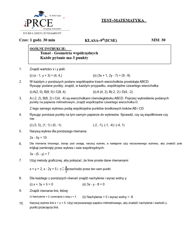 Test-6-Geometria współrzędnych -Matematyka-IX(ICSE) (1) | PDF