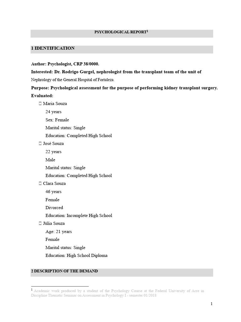 Psychological Assessment for Kidney Transplant | PDF | Psychology ...