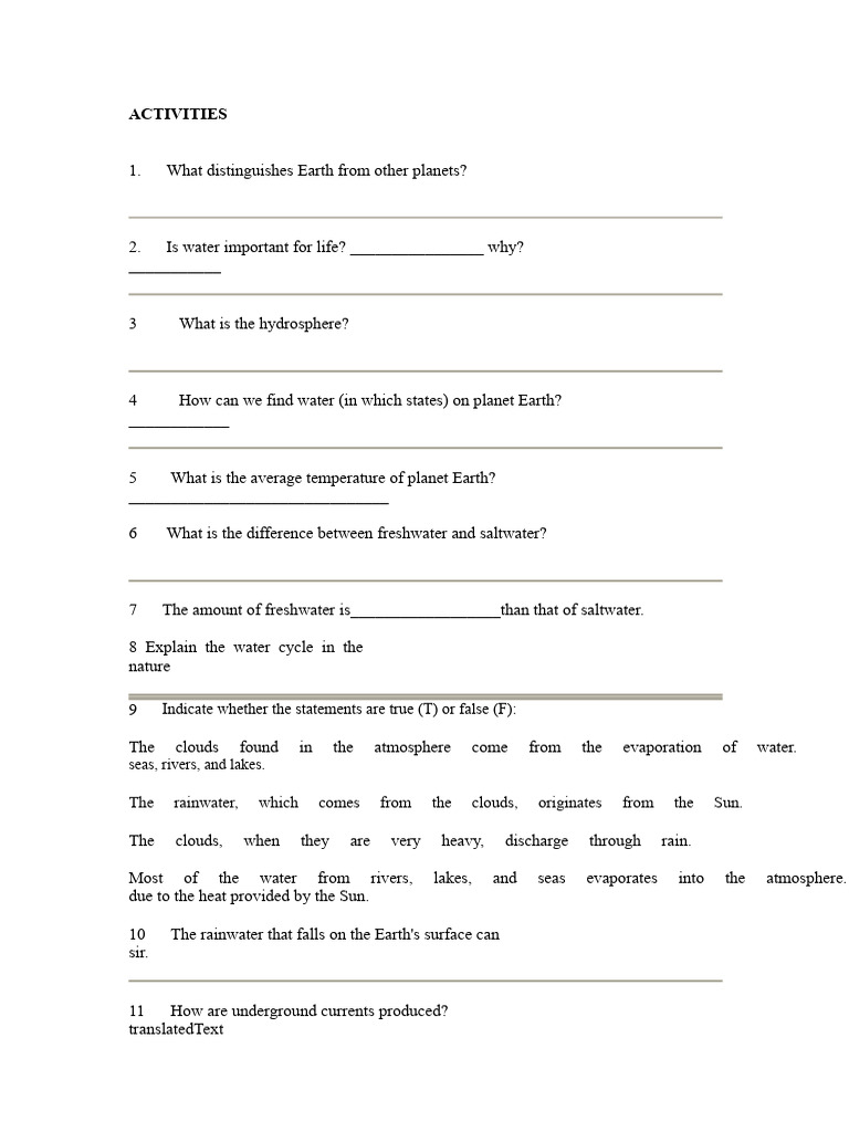 ACTIVITIES The Hydrosphere | PDF | Water | Earth