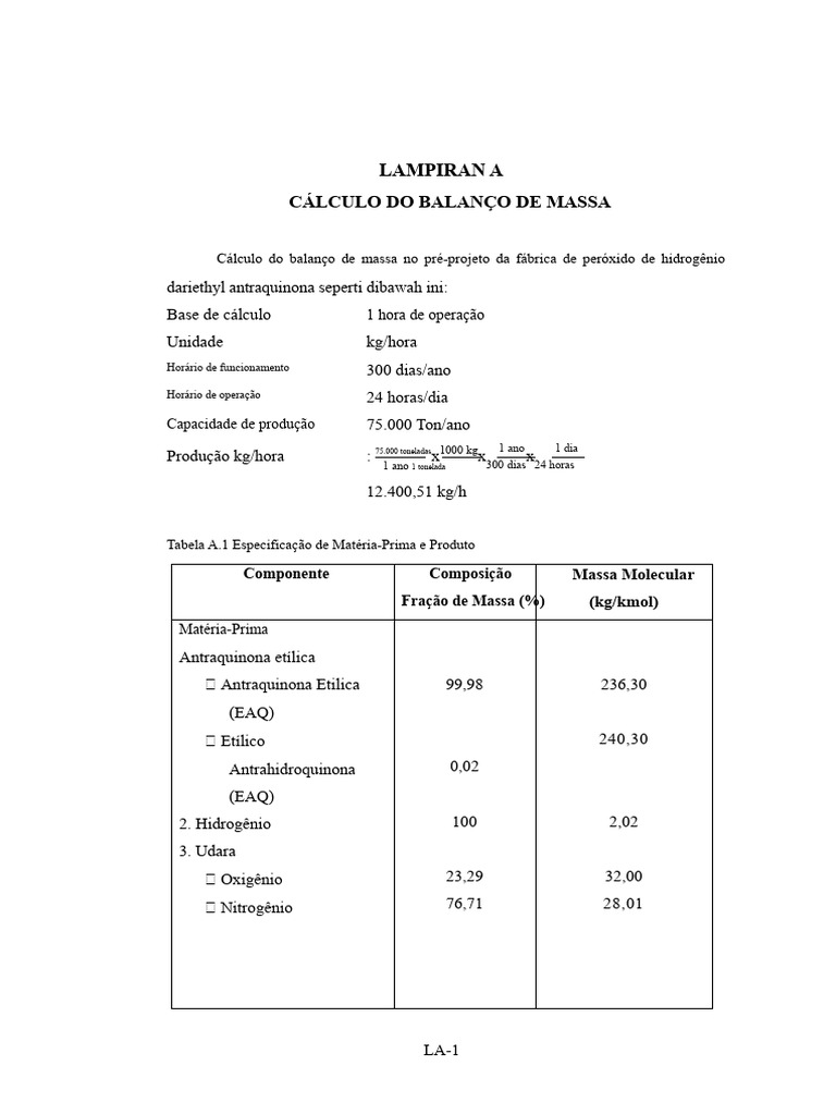 Mass Balance | PDF | Mol (unidade) | Peróxido de hidrogênio