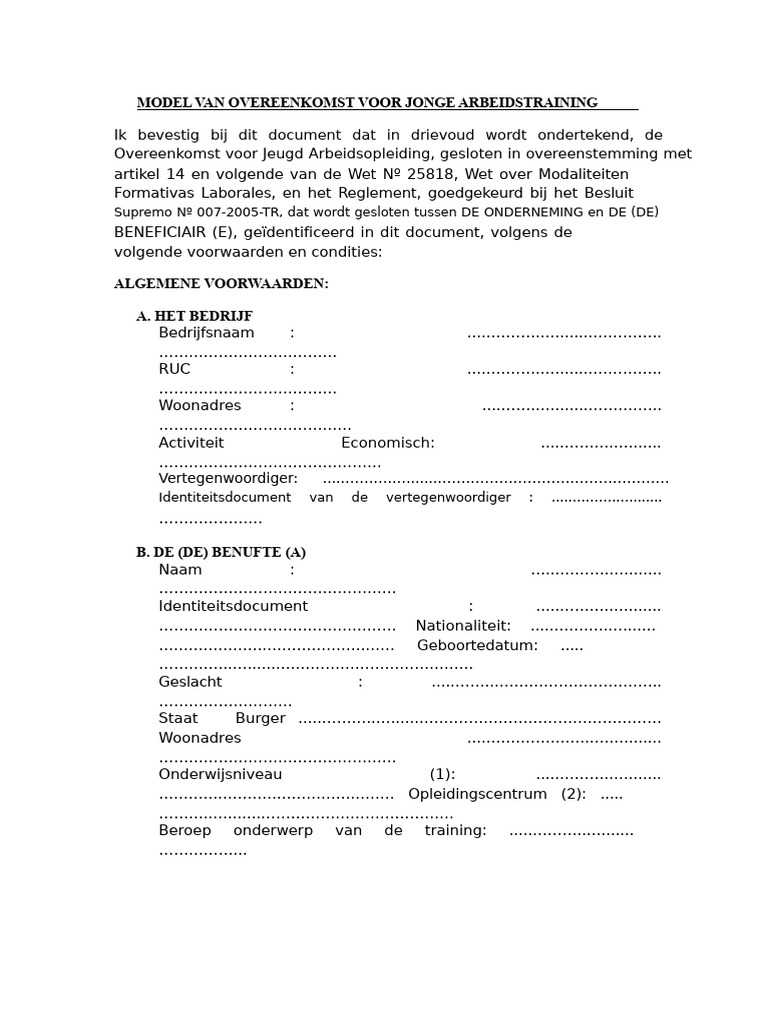 Model Van Overeenkomst Voor Jeugdwerkopleiding | PDF