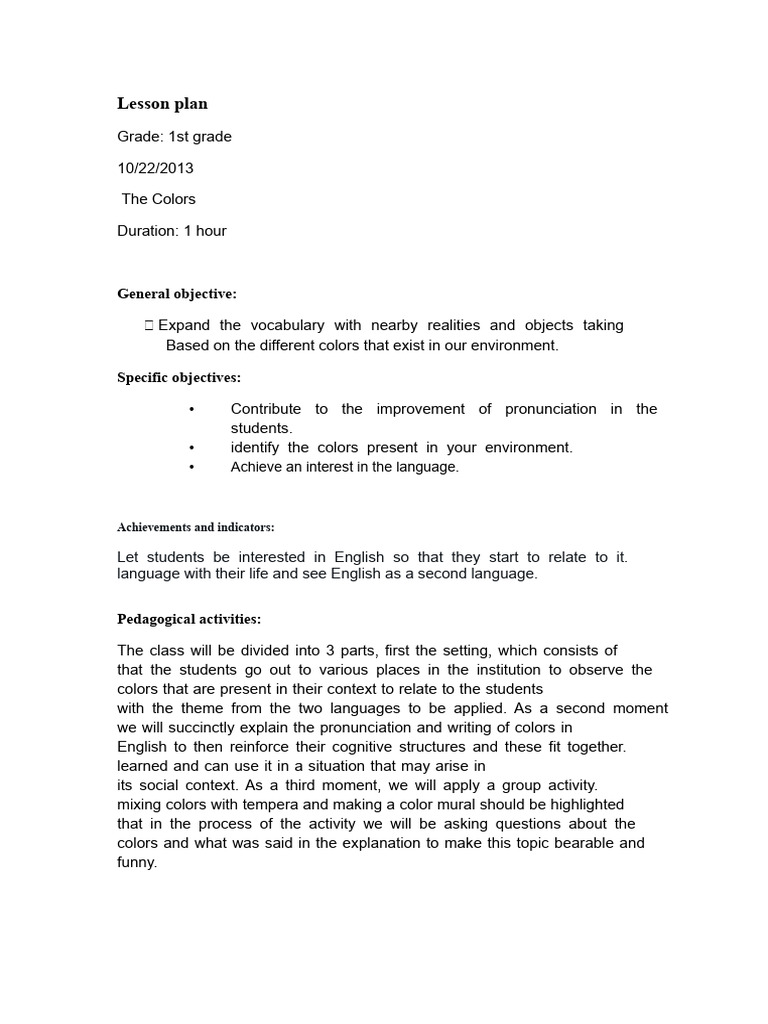 Class Plan English The Colors 1 | PDF | English Language | Learning