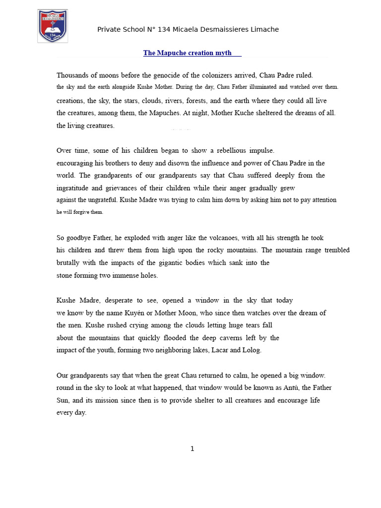 Mapuche Creation Myth Explained | PDF