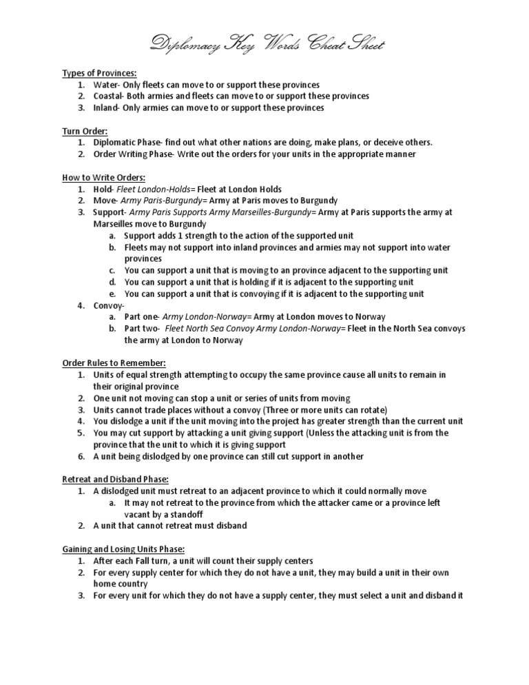 Diplomacy Game Rules Cheat Sheet | PDF