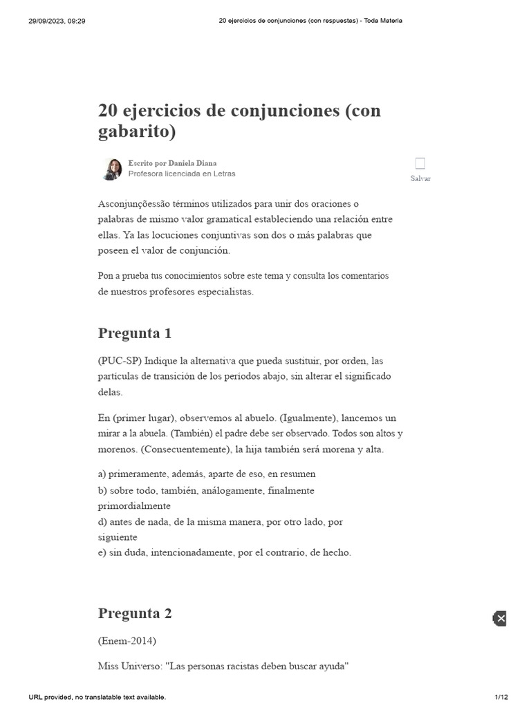 20 Ejercicios de Conjunciones | PDF | Oración (Lingüística) | La risa