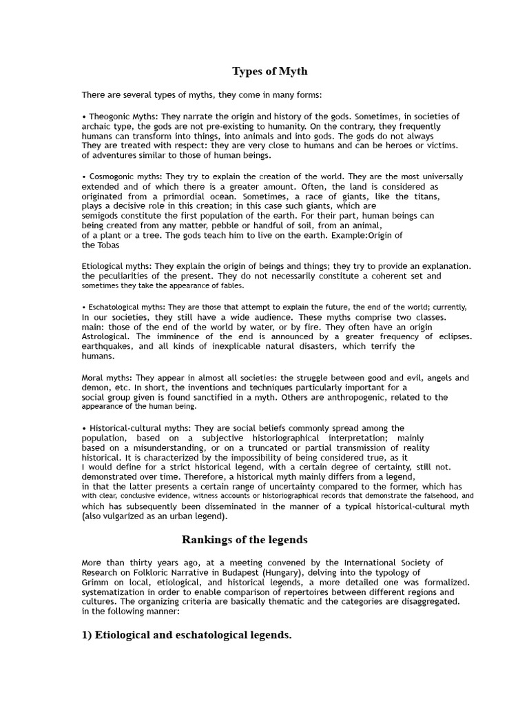 Types and Categories of Myths Explained | PDF | Creation Myths | Mythology