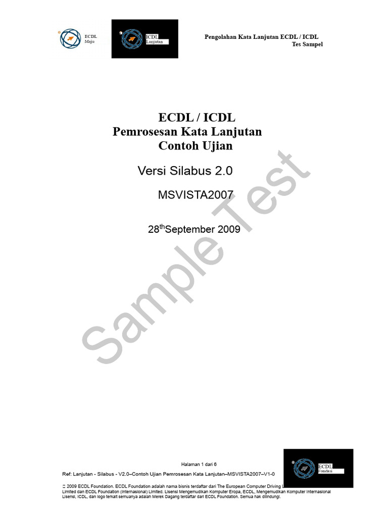 Tes Contoh ECDL Pemrosesan Kata Lanjutan | PDF