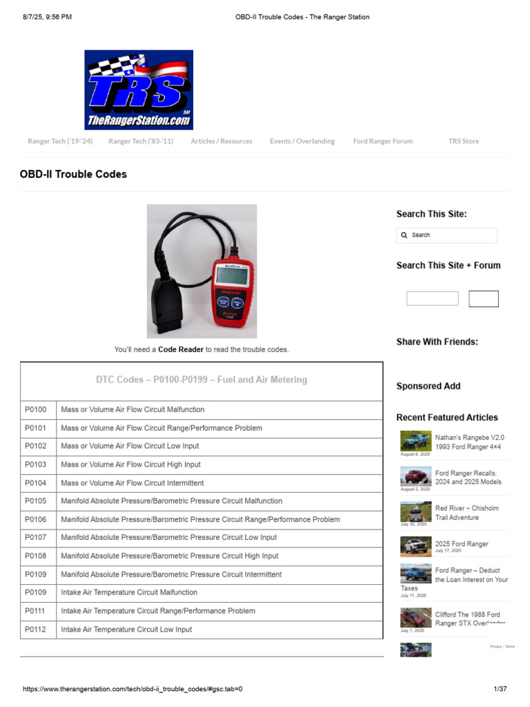 Ford Ranger OBD-II DTC Codes Guide | PDF | Fuel Injection | Throttle