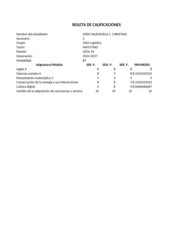 Boleta de Calificaciones 2AM Logística | PDF