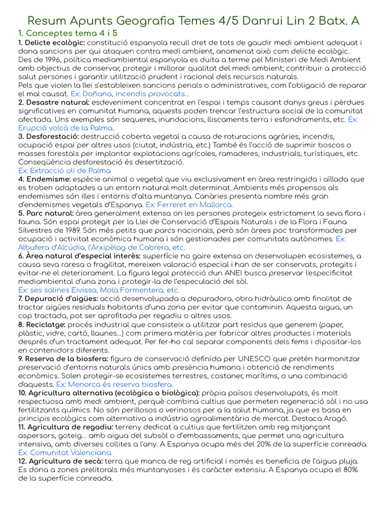 Copia de Resumen Apuntes Geografía Tema 4-5 Danrui Lin 2 Batx 6 | PDF