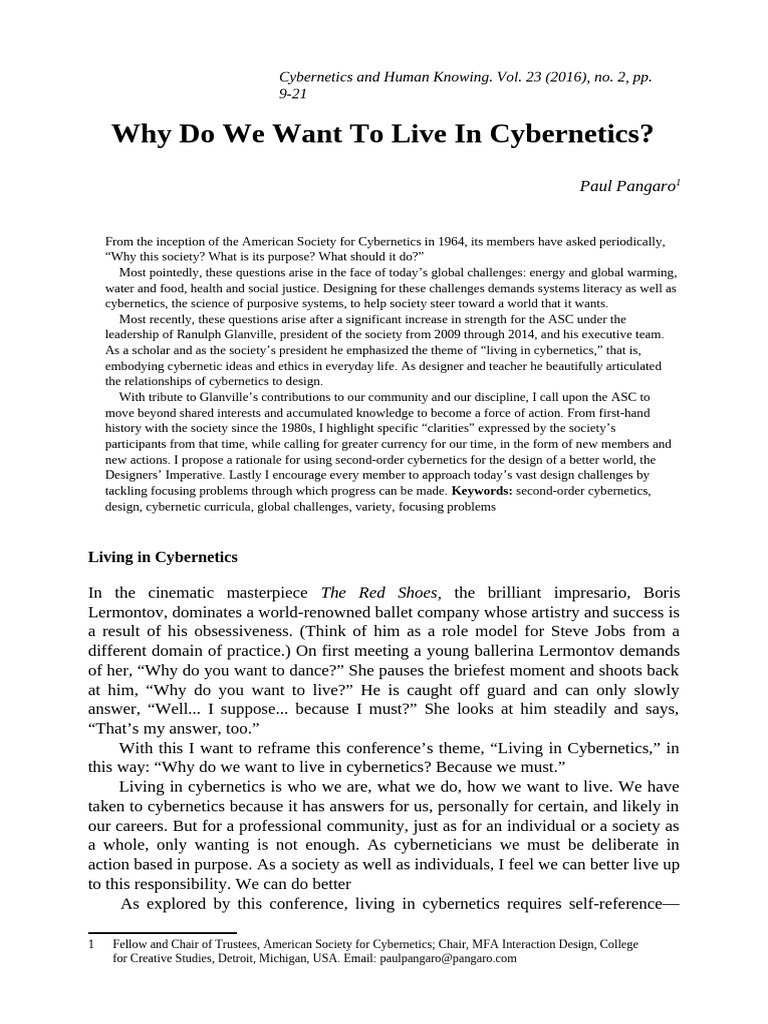Pangaro Why Do We Want To Live in Cybernetics | PDF | Cybernetics