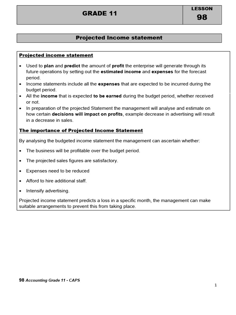 Projected Income Statement | PDF | Income Statement | Expense