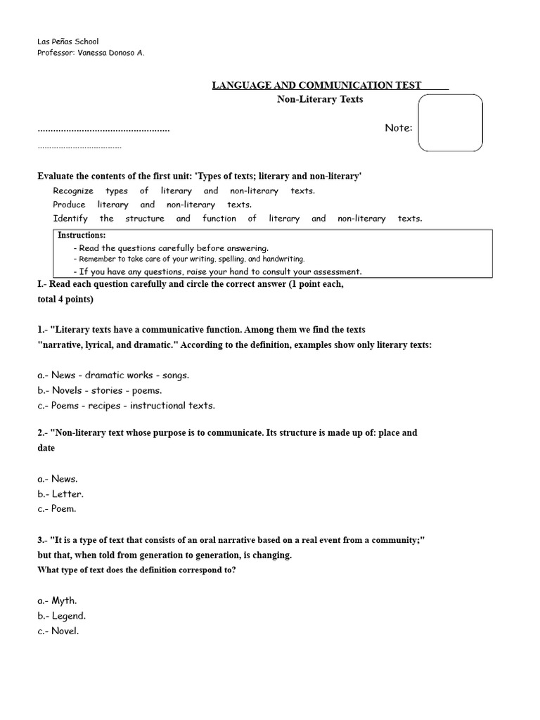 TEST LITERARY AND NON LITERARY TEXTS 3rd and 4th Basic | PDF