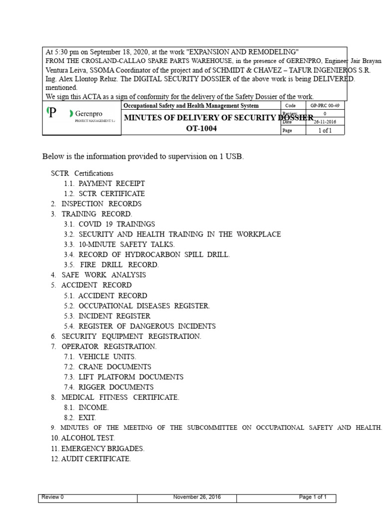 Act of Delivery of Dossier - 963 | PDF | Safety | Occupational Safety ...