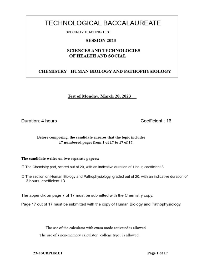 ST2S Bac 2023 - Chemistry, Biology and Human Pathophysiology - Subject - Day 1 | PDF ...