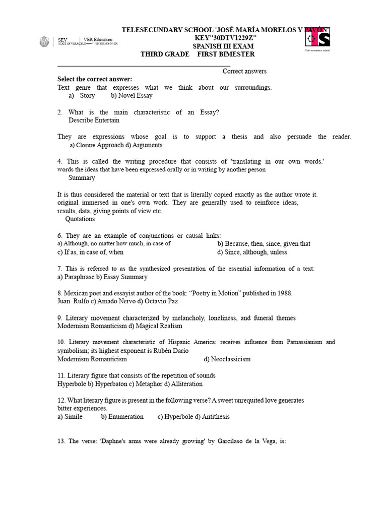 Spanish III Exam for Third Grade | PDF | Essays | Writing