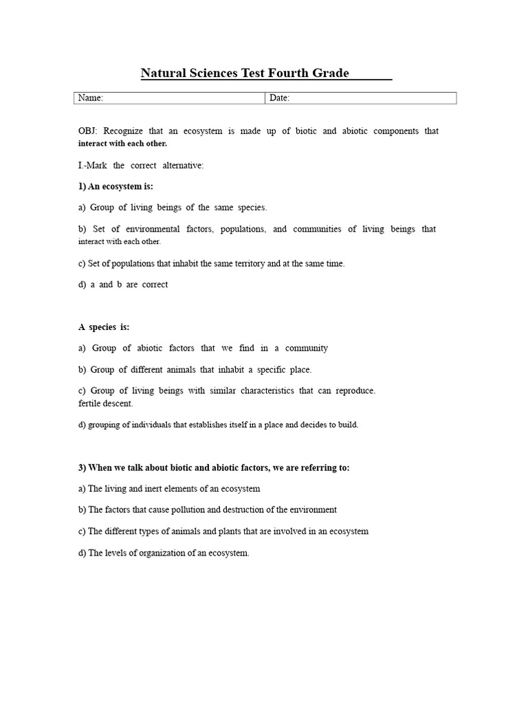Natural Sciences Test Fourth Grade | PDF | Ecosystem | Plants